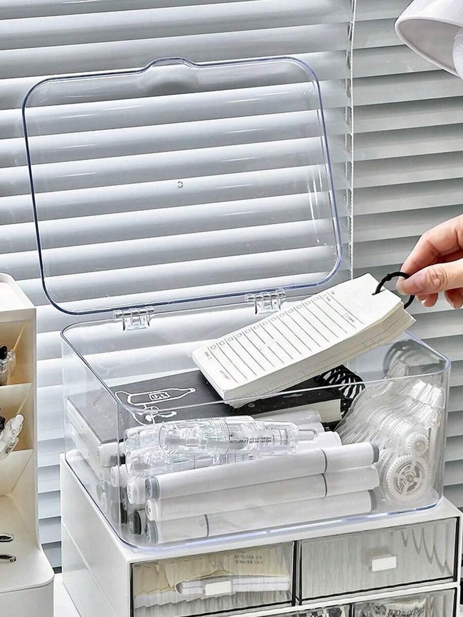 1pc Transparent Acrylic Desktop Storage Box With Cover For Stationery ...