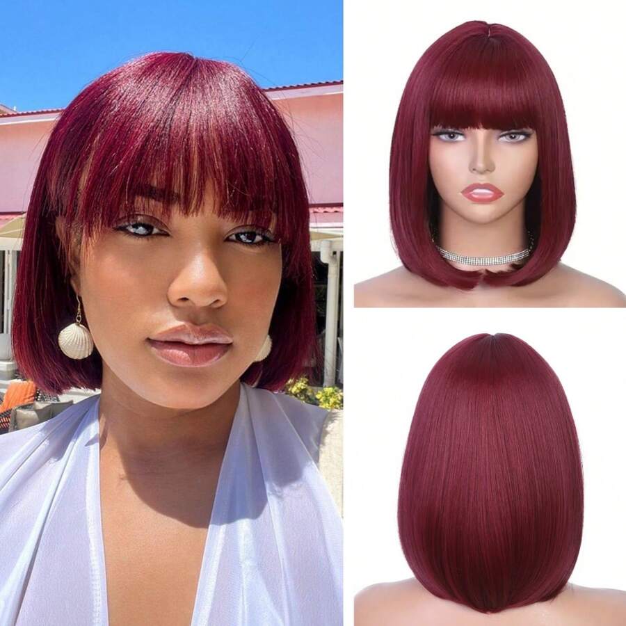 Short Bob With Bangs Burgundy 99J Color 12-Inch Synthetic Chemical ...