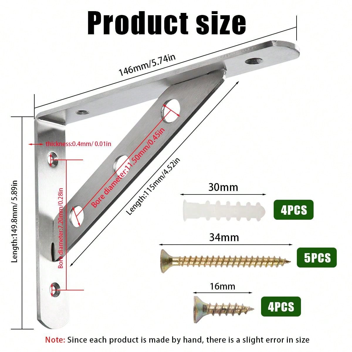 2 pcs 6" Shelf Bracket, Max Load 400 lb Heavy Duty Stainless Steel ...