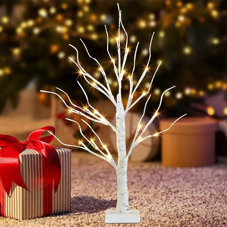 Christmas Decor, White Birch Tree with LED Lights Battery Powered Timer ...