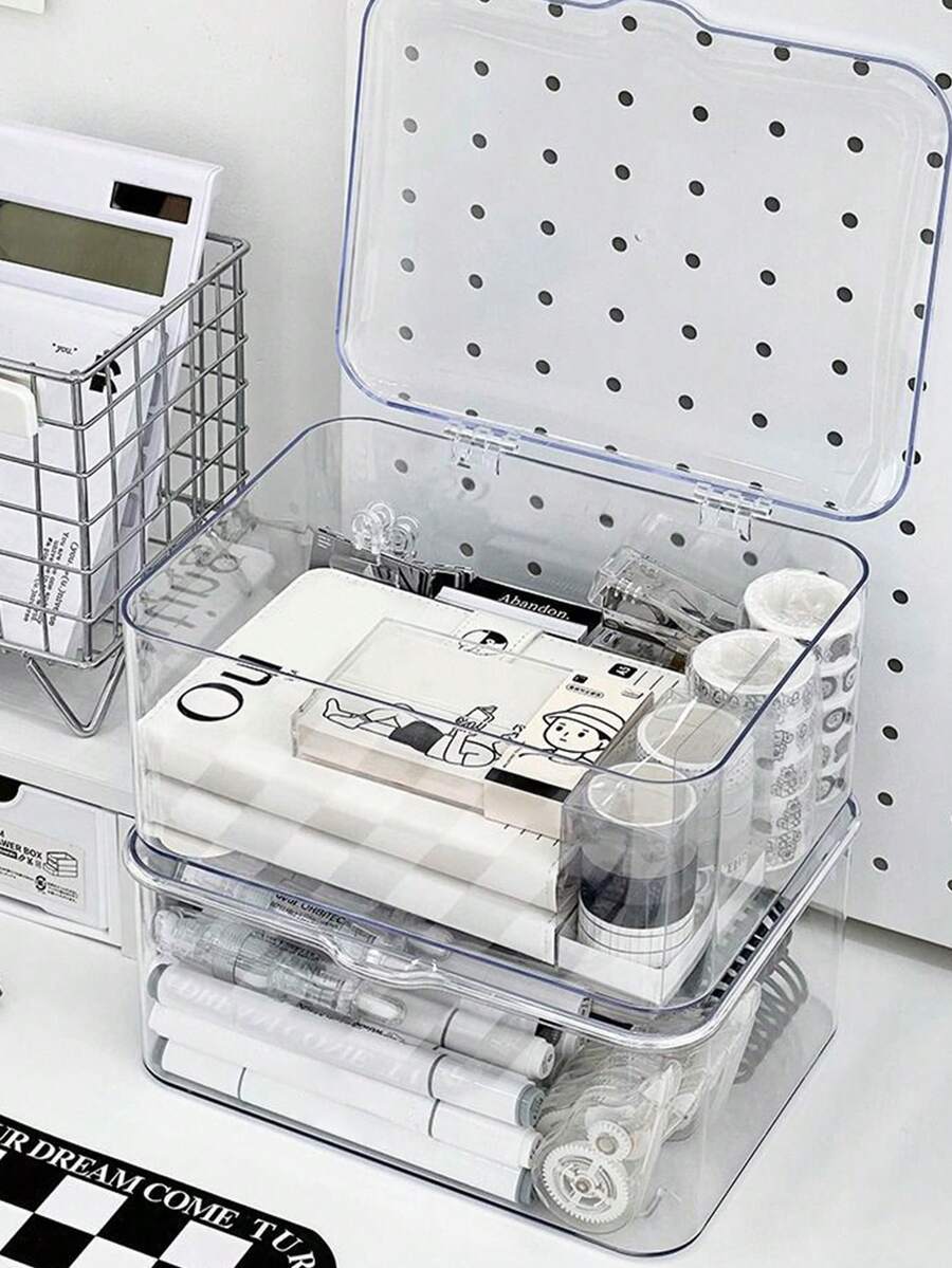 1pc Transparent Acrylic Desktop Storage Box With Cover For Stationery ...