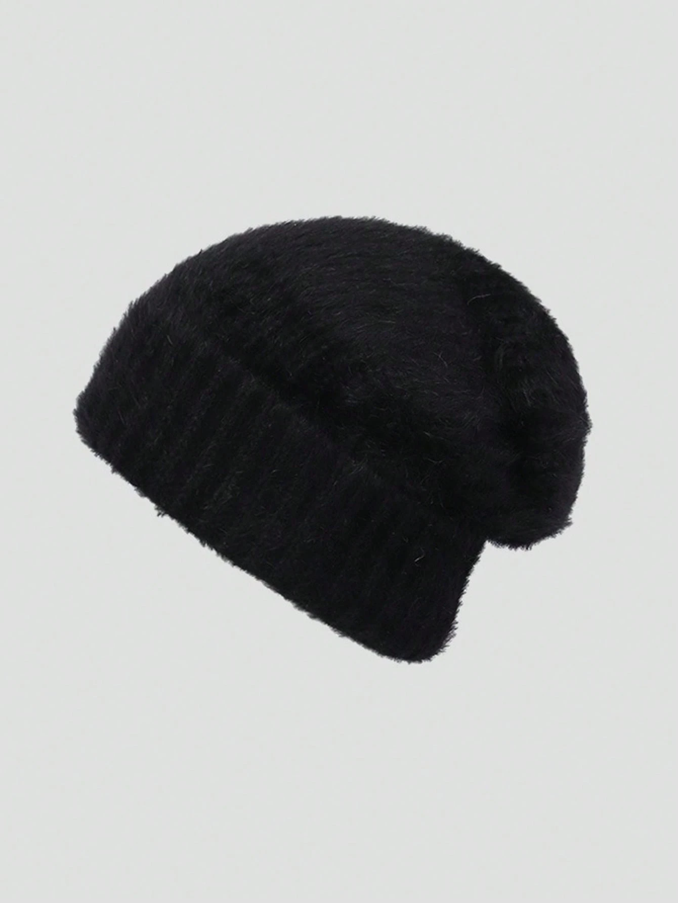 1pc Black Pure Color Plus Fluff Knit Cuffed Beanie Hats for Women ...