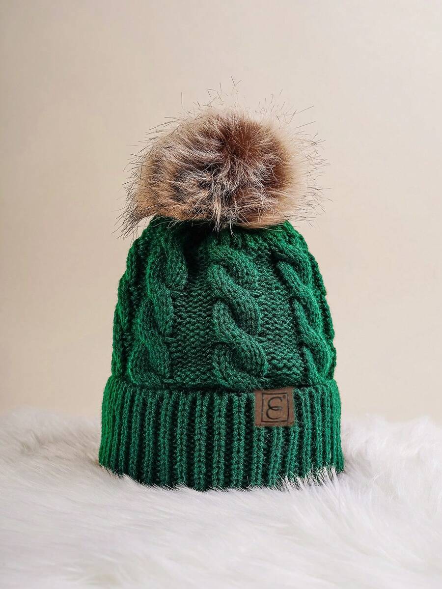 1pc Unisex Pink Ski Hat With Pom Pom And Knitted Twisted Pattern, Warm ...