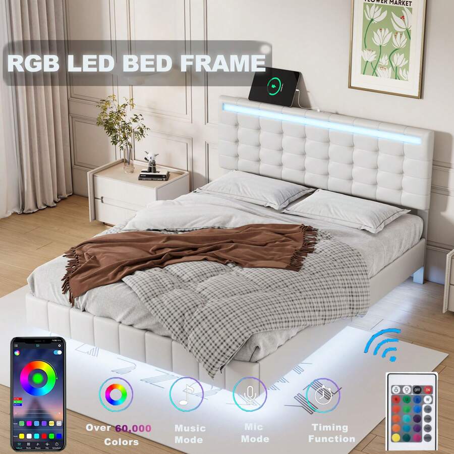 MERAX Full Size Floating Bed Frame With LED Lights And USB Charging ...