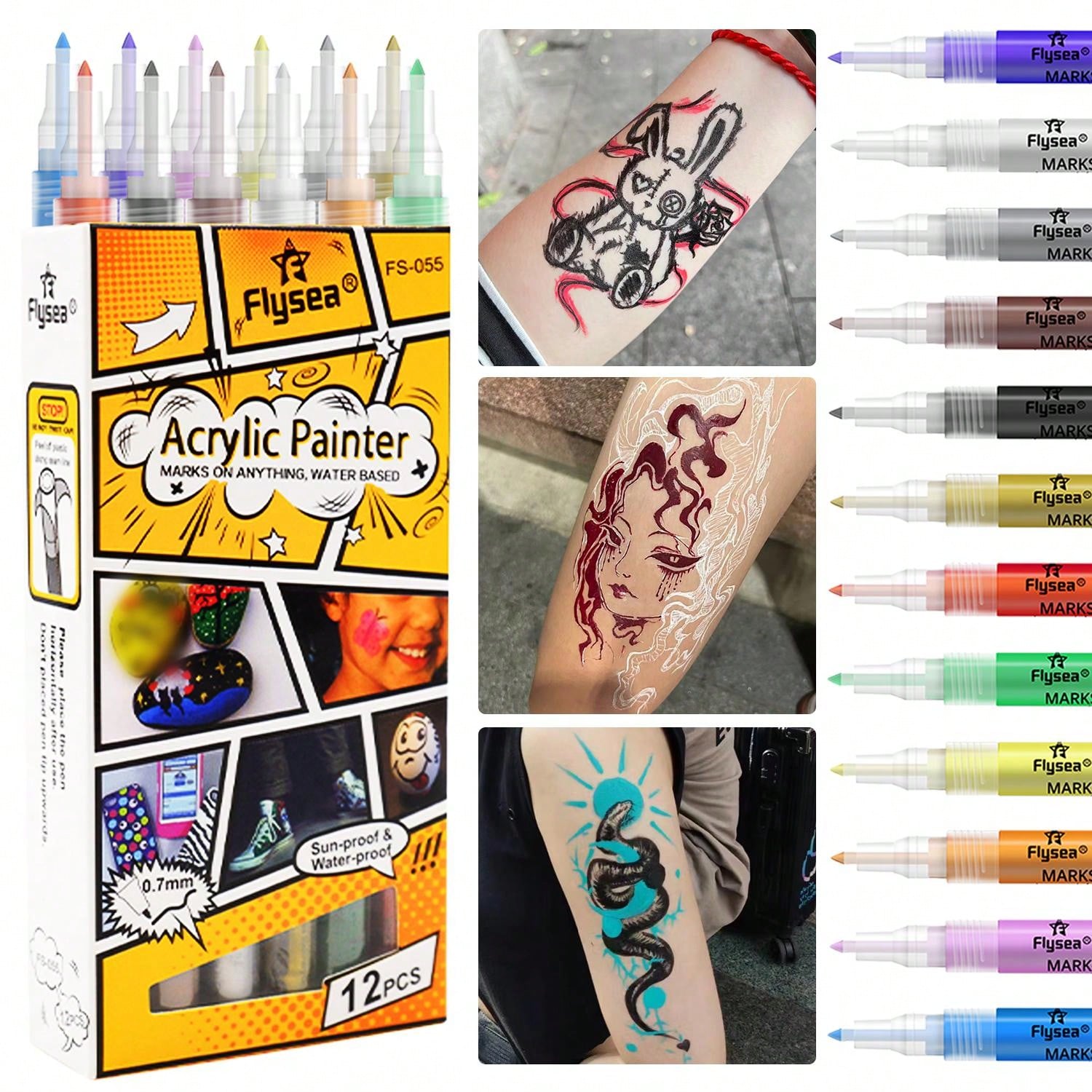 12 Colors Acrylic Marker Pens, Diy Hand Drawing Paint Pens, Body ...