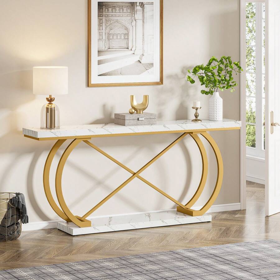 Tribesigns 70.9 Inch White and Gold Console Table Extra Long Narrow ...