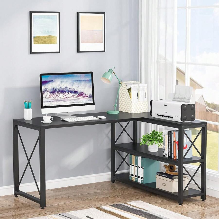 Tribesigns Reversible Industrial L-Shaped Desk With Storage Shelves ...