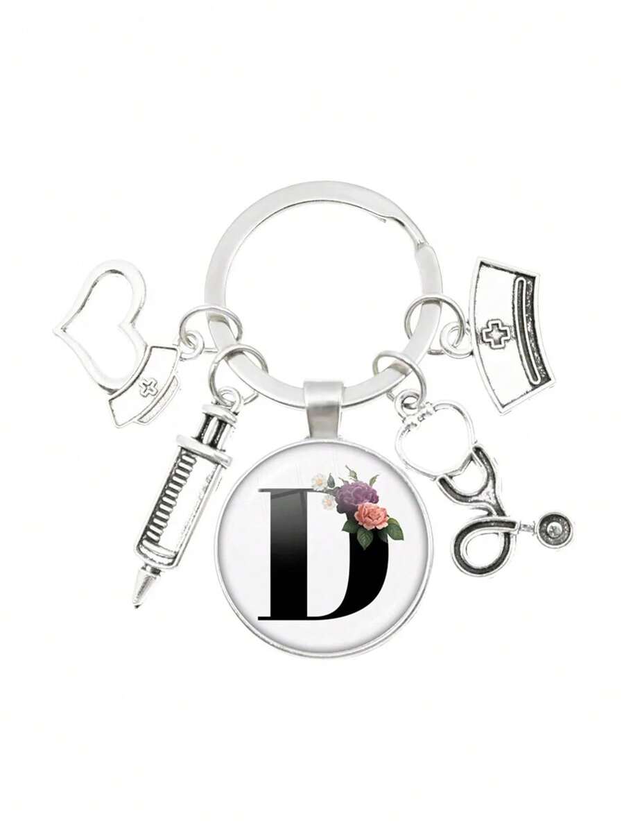 1 PC Stethoscope Nurse Syringe Keychain A-Z Round Glass Dome Cabochon ...