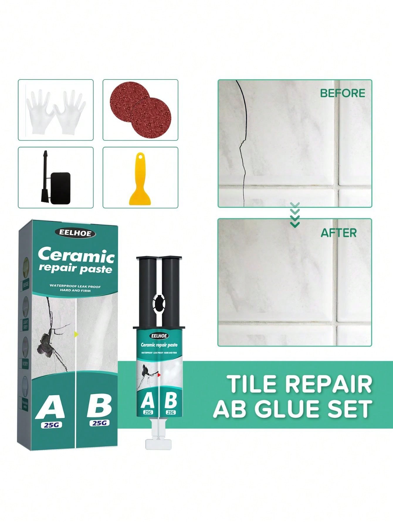 1set Ceramic Tile Repair Ab Glue Kit, Metal & Ceramic Tile Crack Filler ...