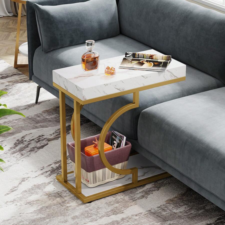 Tribesigns Narrow Side Table White Gold Side Table C Shaped End Table ...