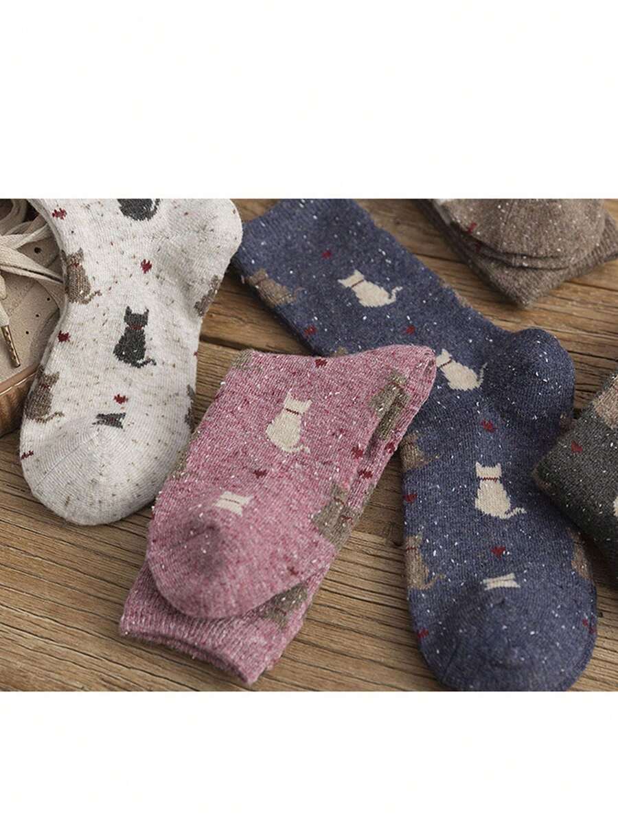 2 Pairs Women's Winter Thick Wool Socks (random Color) With Cartoon Cat ...