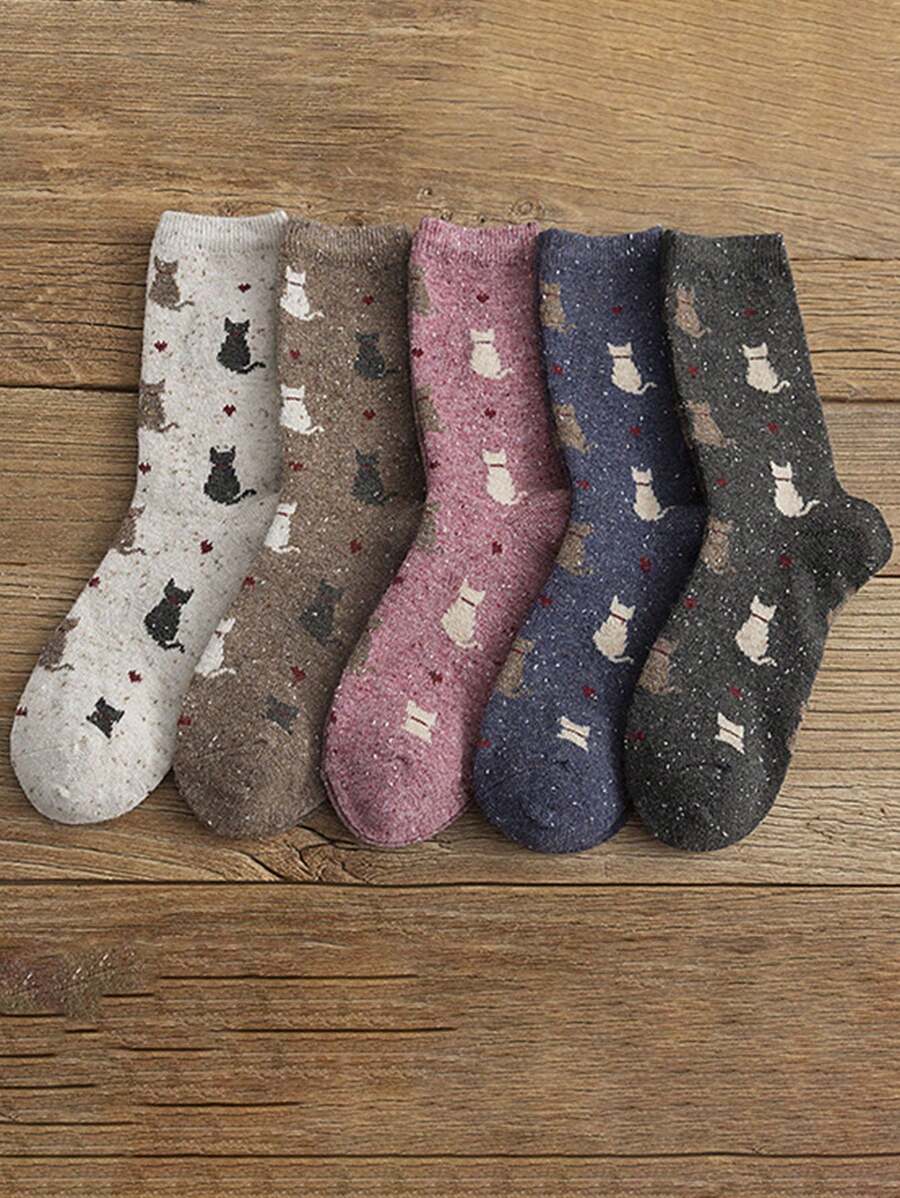 2 Pairs Women's Winter Thick Wool Socks (random Color) With Cartoon Cat ...
