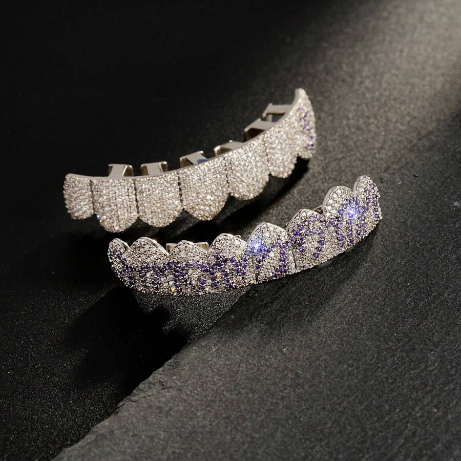 Women's Hip Hop Golden Plated Teeth Grills, Cubic Zirconia Hollow Teeth ...