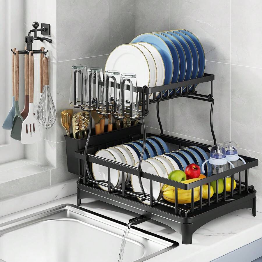 2 Tier Dish Rack And Drainboard, Large Capacity Dish Drainer Organizer ...