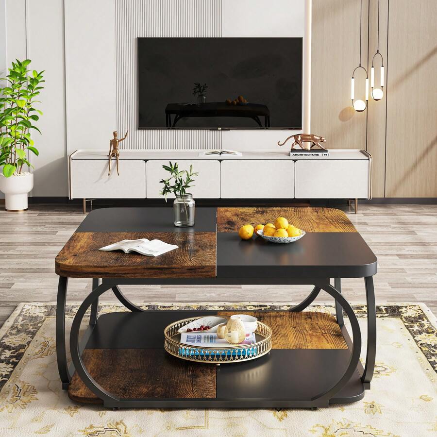 Tribesigns 40 Inch Coffee Table With Storage Shelf, 2-Tier Low Square ...