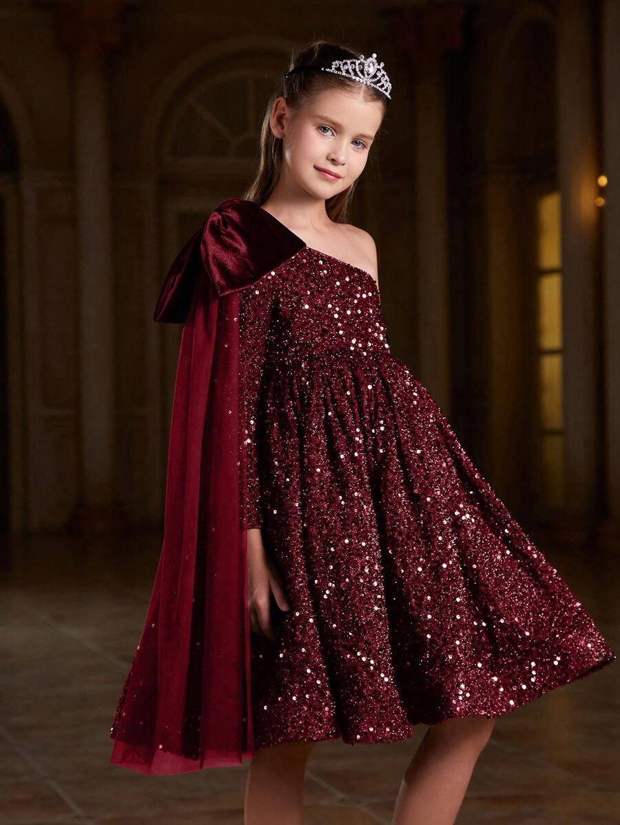 Tween Girl One Shoulder Sequin Dress With Bowknot And Streamer | SHEIN USA