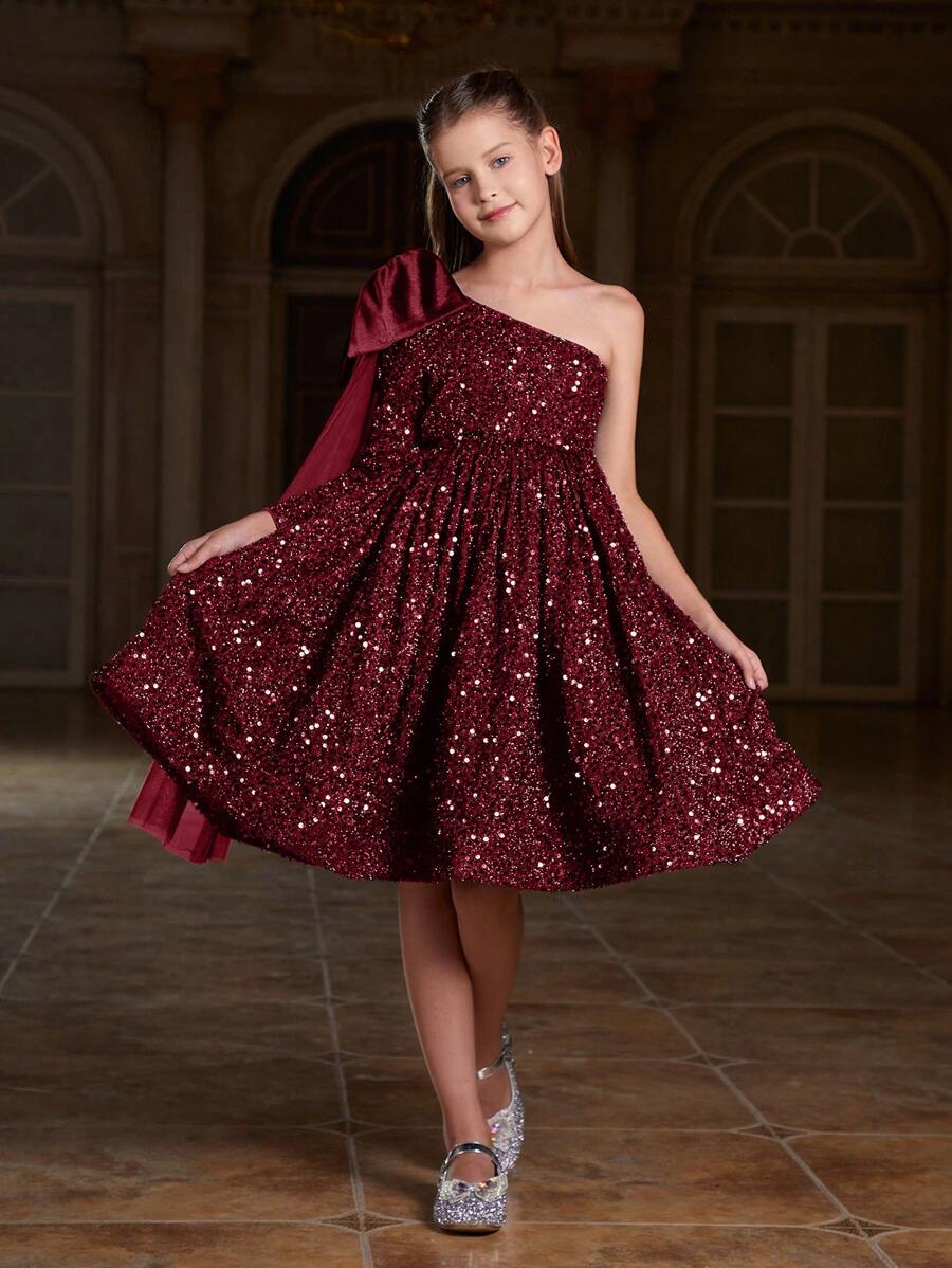 Tween Girl One Shoulder Sequin Dress With Bowknot And Streamer | SHEIN USA