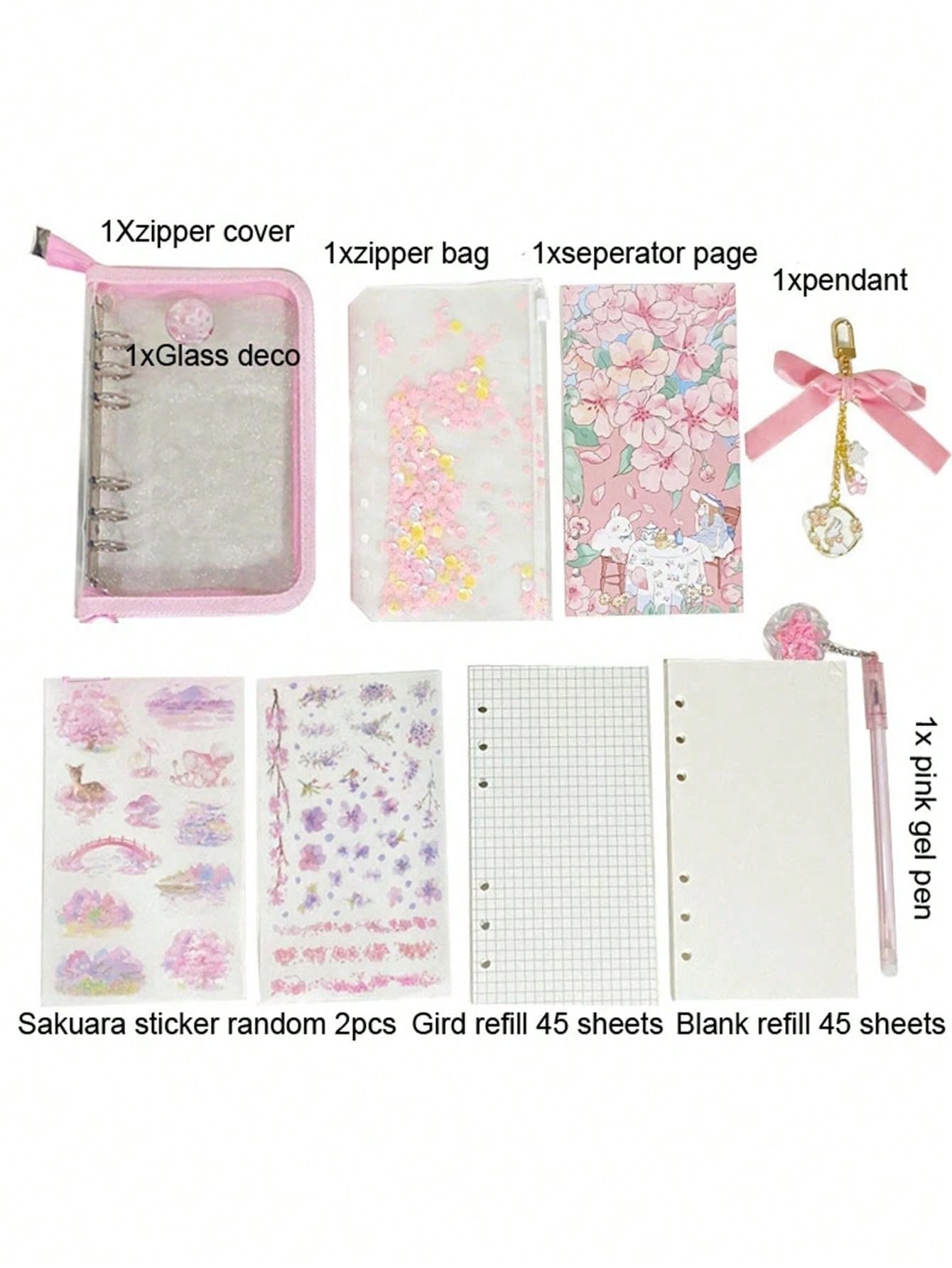A6 Sakura Binder Notebook Set 90 Sheets Papers Bullet Ring Dairy Cherry ...