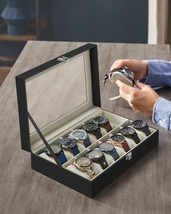 12-Slot Watch Box, Lockable Watch Case with Glass Lid, 2 Layers, with 1 ...
