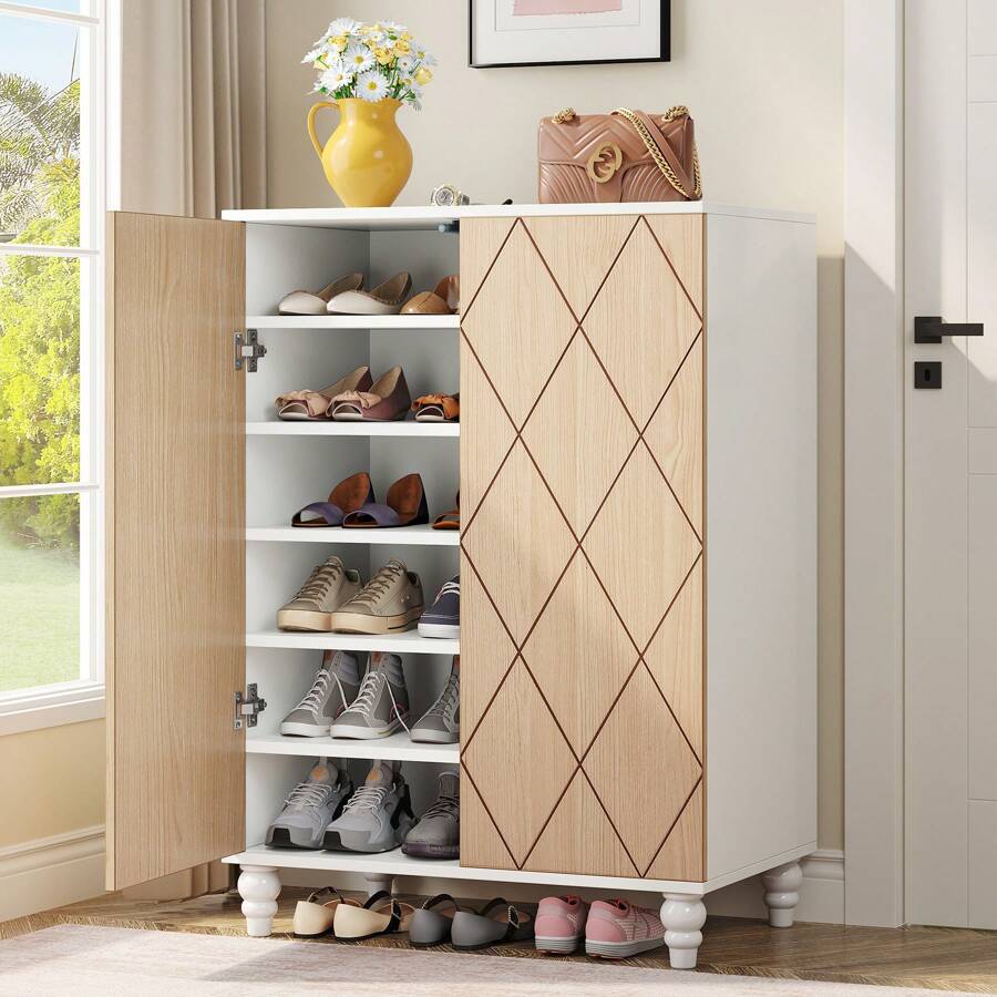 Tribesigns Shoe Cabinet With Solid Wood Legs, 2-Door Shoes Storage ...