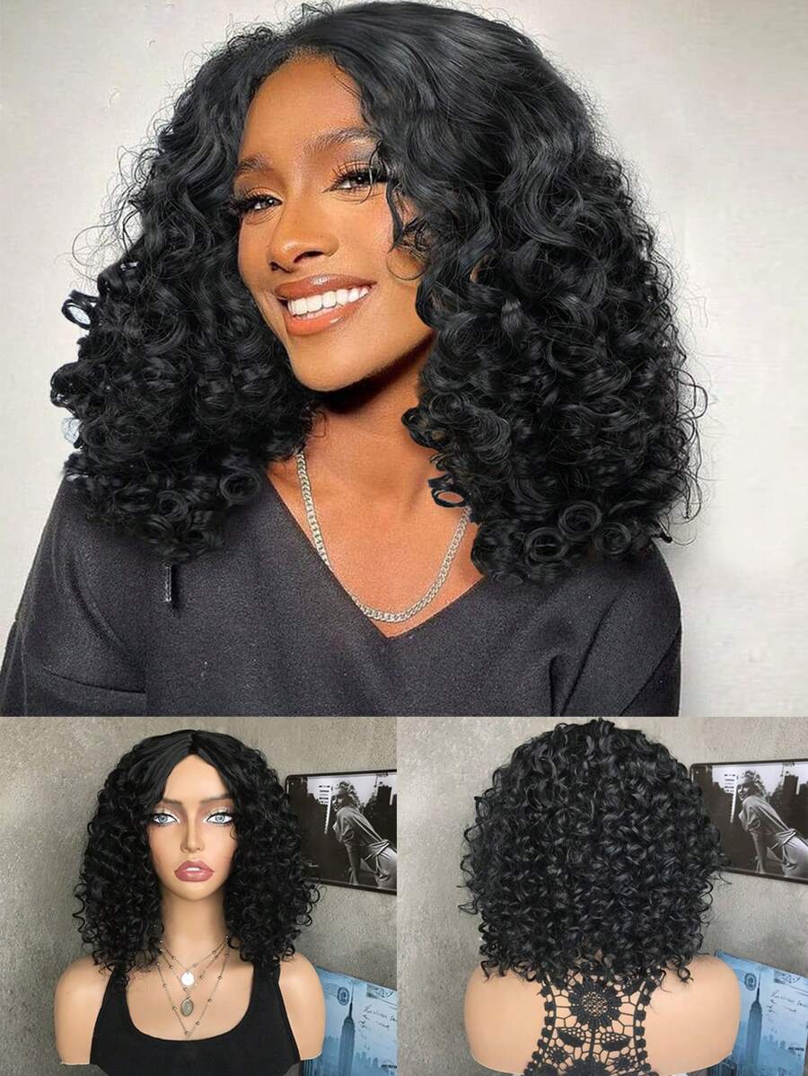 14 inch Natural black Deep Curly Wave Synthetic Heat Resistant Wigs ...