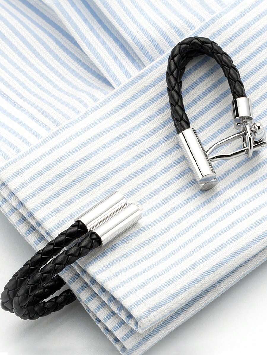Leather Chain Cufflinks For Men's French Cuff Dress Shirts, Blue Woven ...