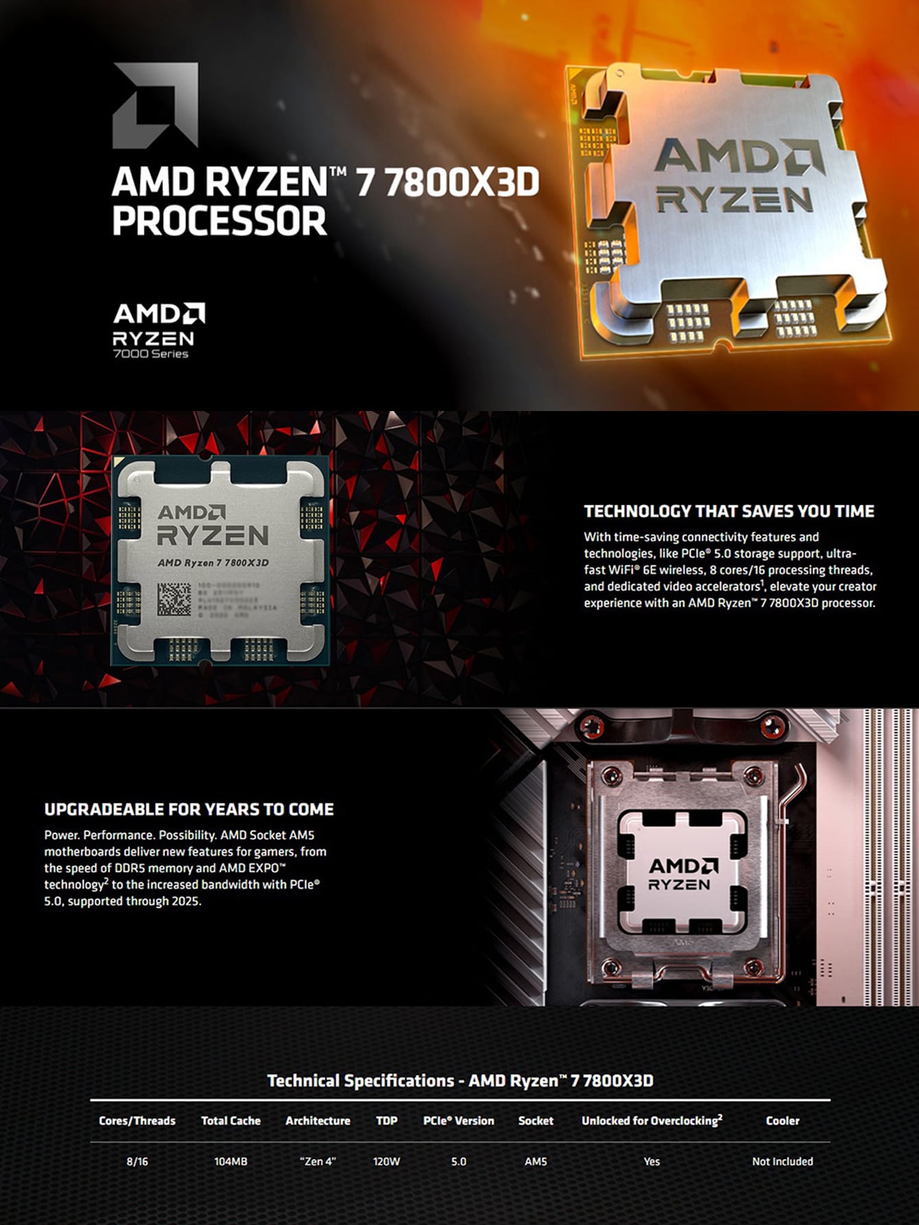 Ryzen 7 7800X3D 4.2-5.0GHz 8-Core 16-Thread CPU Processor 5NM L3=96M ...