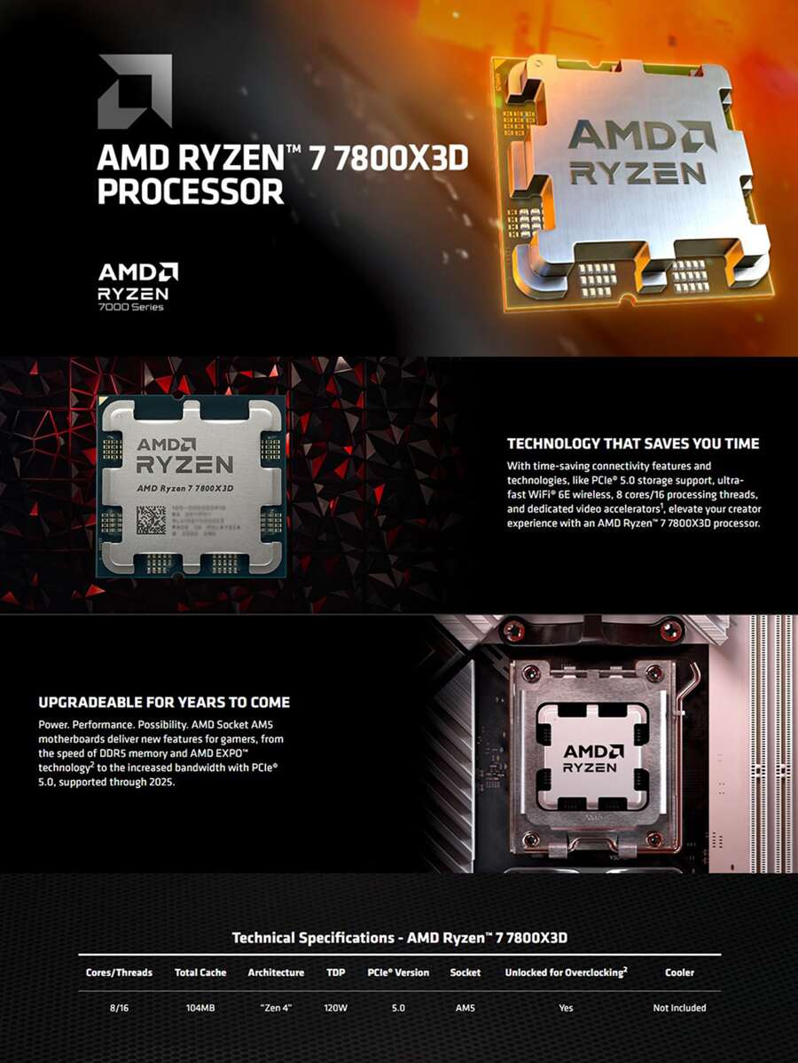 Ryzen 7 7800X3D 4.2-5.0GHz 8-Core 16-Thread CPU Processor 5NM L3=96M ...