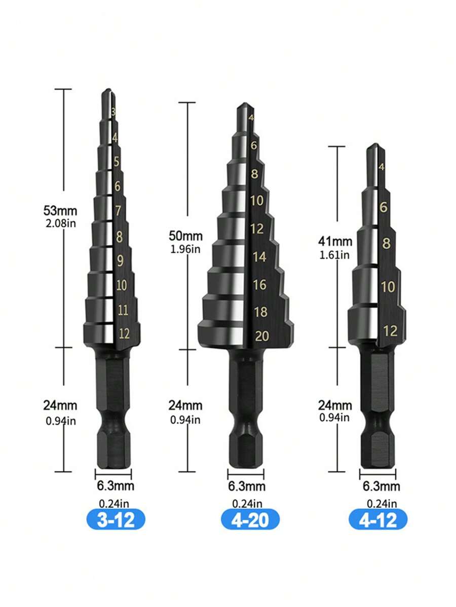 3Pcs/set 3-12mm 4-12mm 4-20mm HSS Straight Groove Step Drill Bit Titanium Coated Wood Metal Hole ...