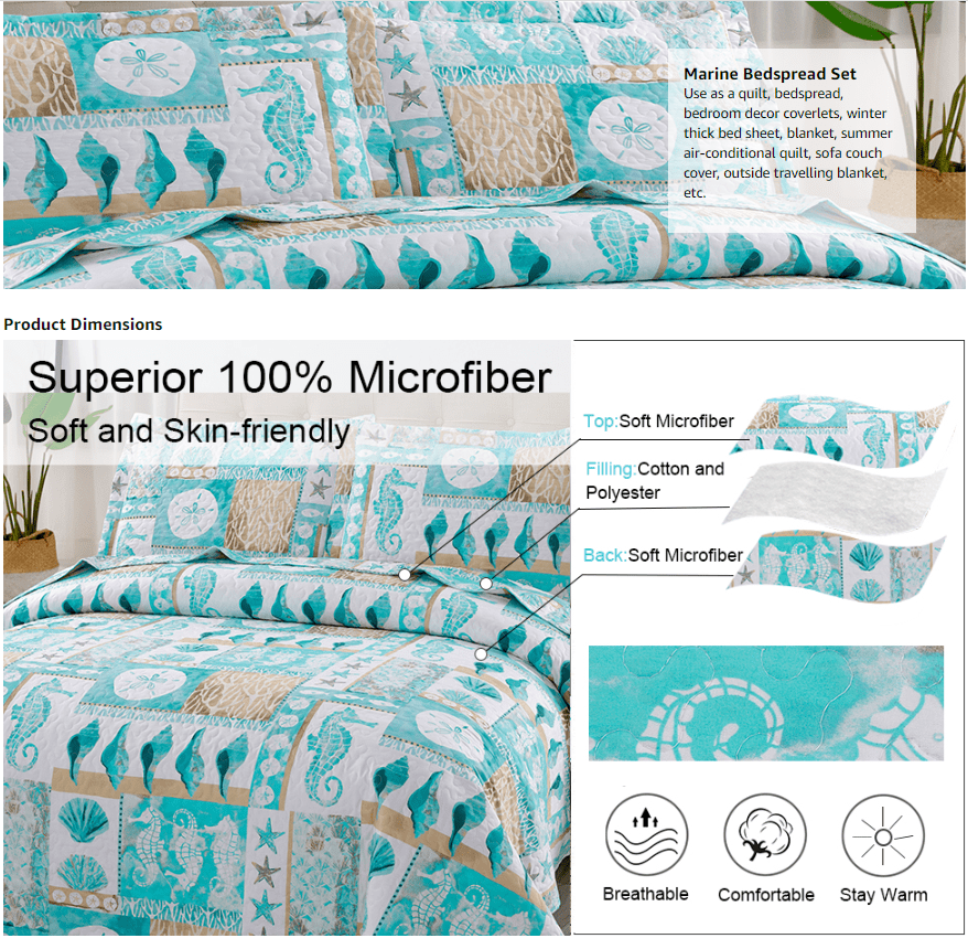 3 Piece Beach Quilt Set Coastal Bedding Set Blue Green Lightweight ...