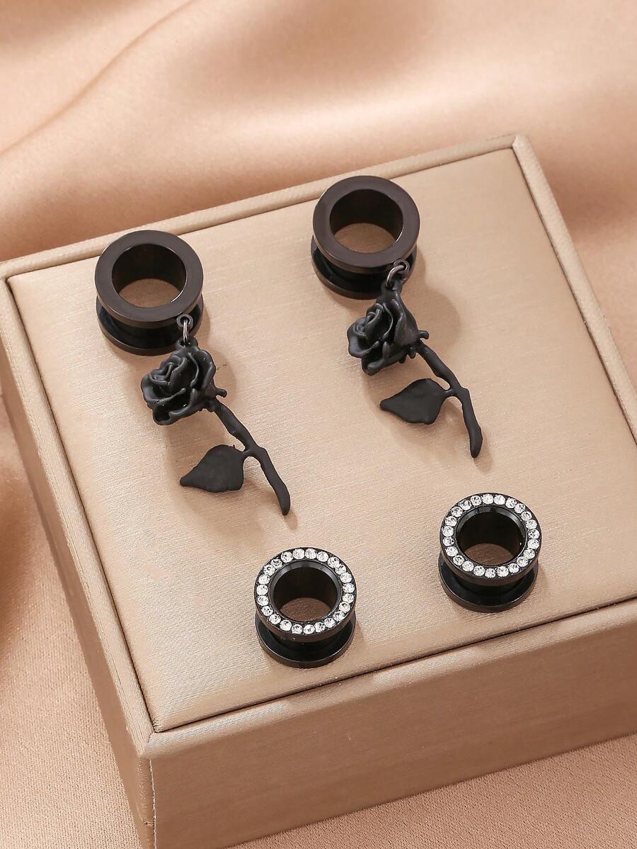1 Pair/Set Romantic Black Rose Hollow Drop Dangle Ear Tunnels Clear CZ ...