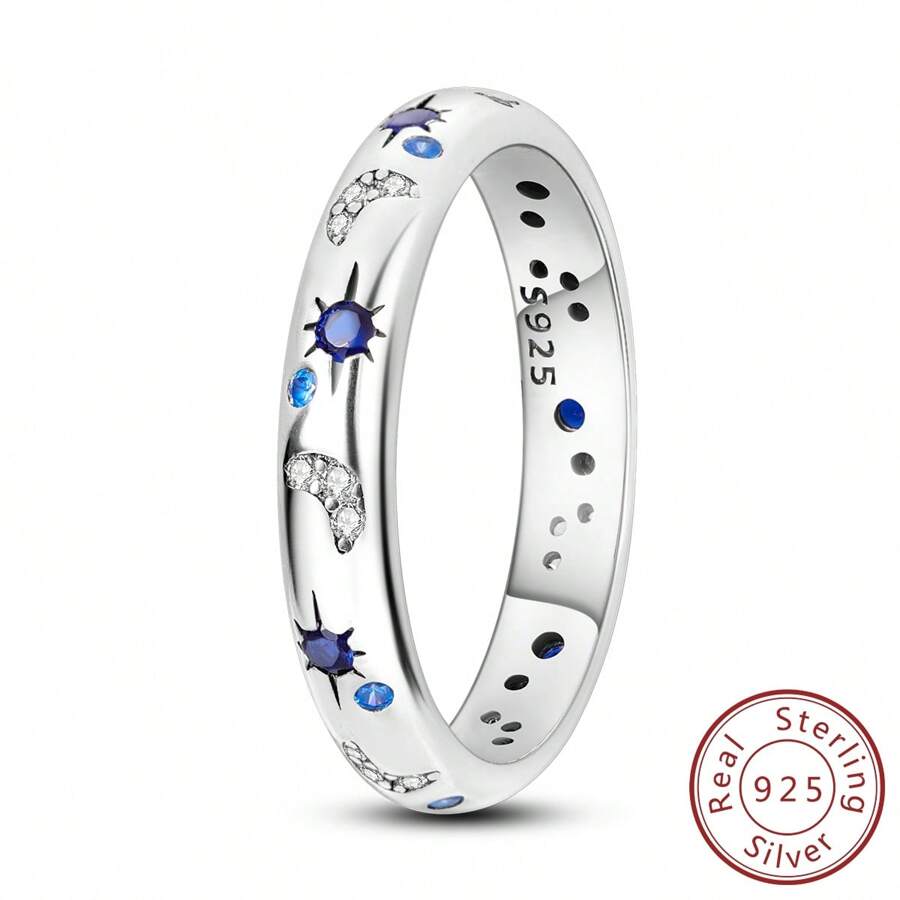 925 Sterling Silver Sparkling Star Moon Rings Starry Night Ring Wedding ...