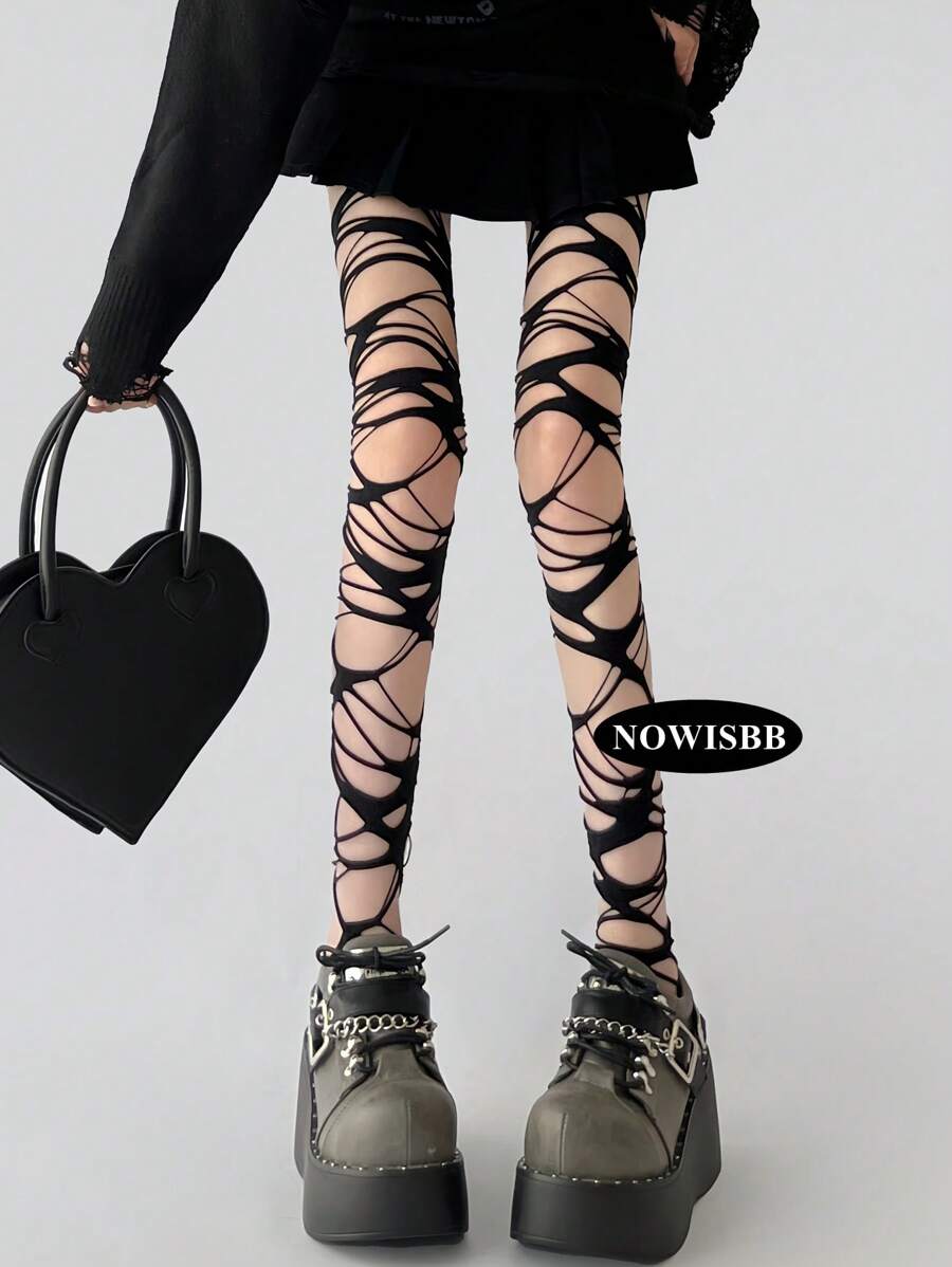 1pair Black Goth Style Fishnet Pantyhose Tights With Hollow Out High ...