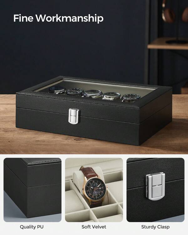 12-Slot Watch Box, Lockable Watch Case with Glass Lid, 2 Layers, with 1 ...
