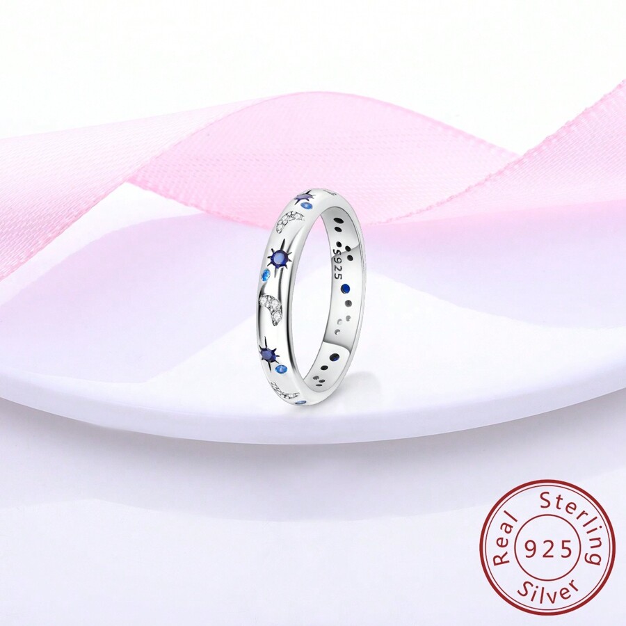 925 Sterling Silver Sparkling Star Moon Rings Starry Night Ring Wedding ...