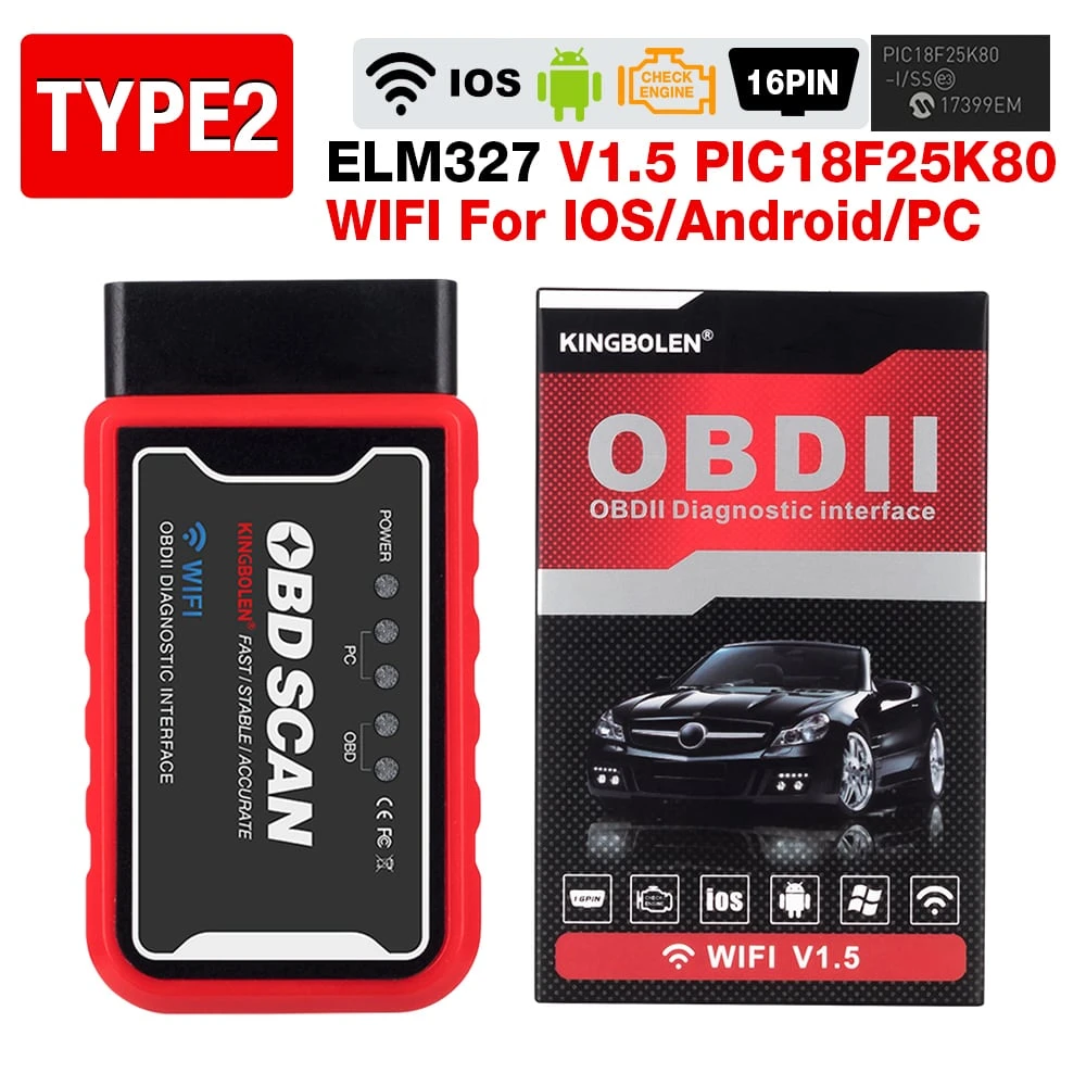 KINGBOLEN KINGBOLEN ELM327 V1.5 Escáner OBD2 WiFi con chip PIC18F25K80, herramientas de ...