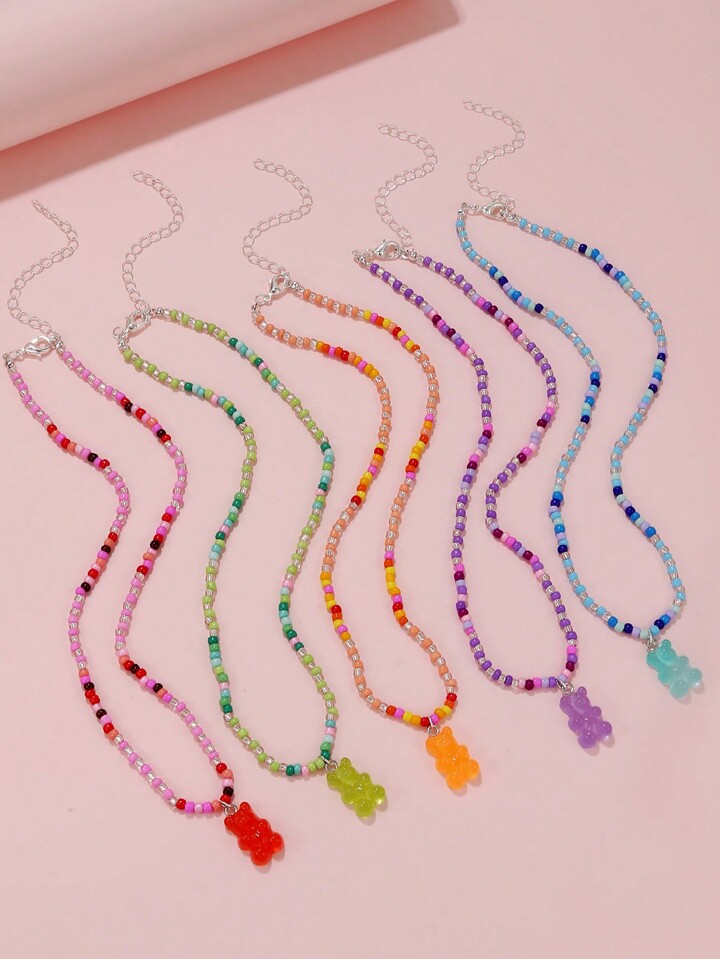 5pcs set Candy colored Cute Bear Pendant Best Friends Necklace SHEIN USA