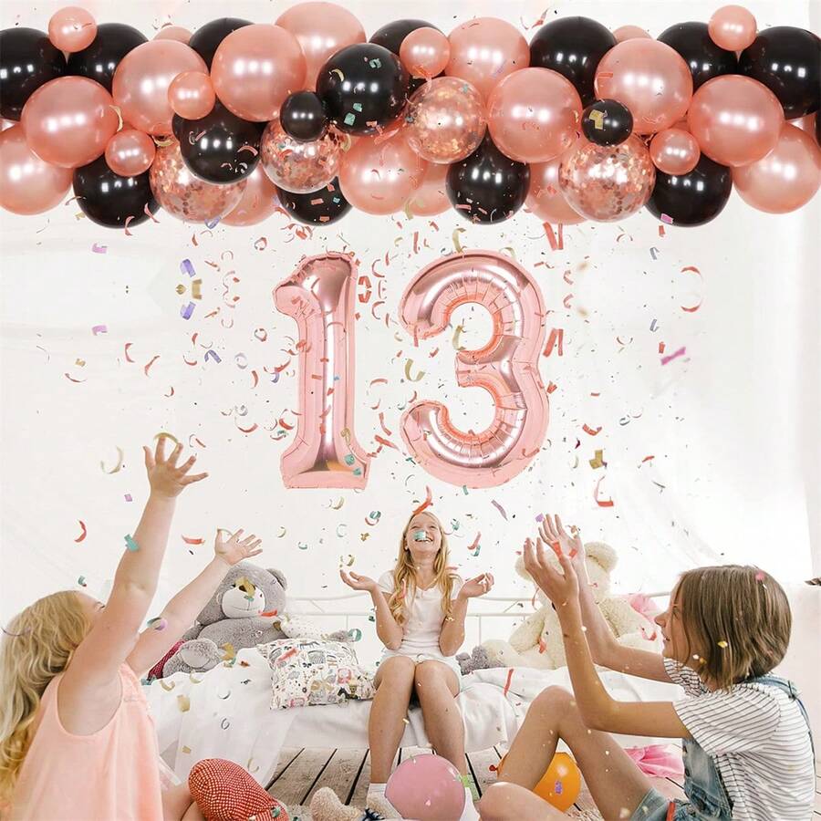 75pcs 13th Birthday Decorations - Rose Gold And Black Balloon Garland ...