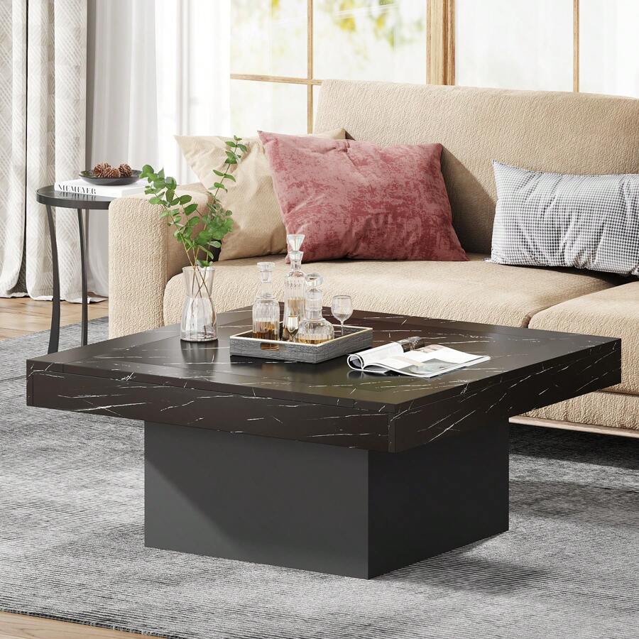 Tribesigns Farmhouse Coffee Table Square LED Coffee Table Engineered ...