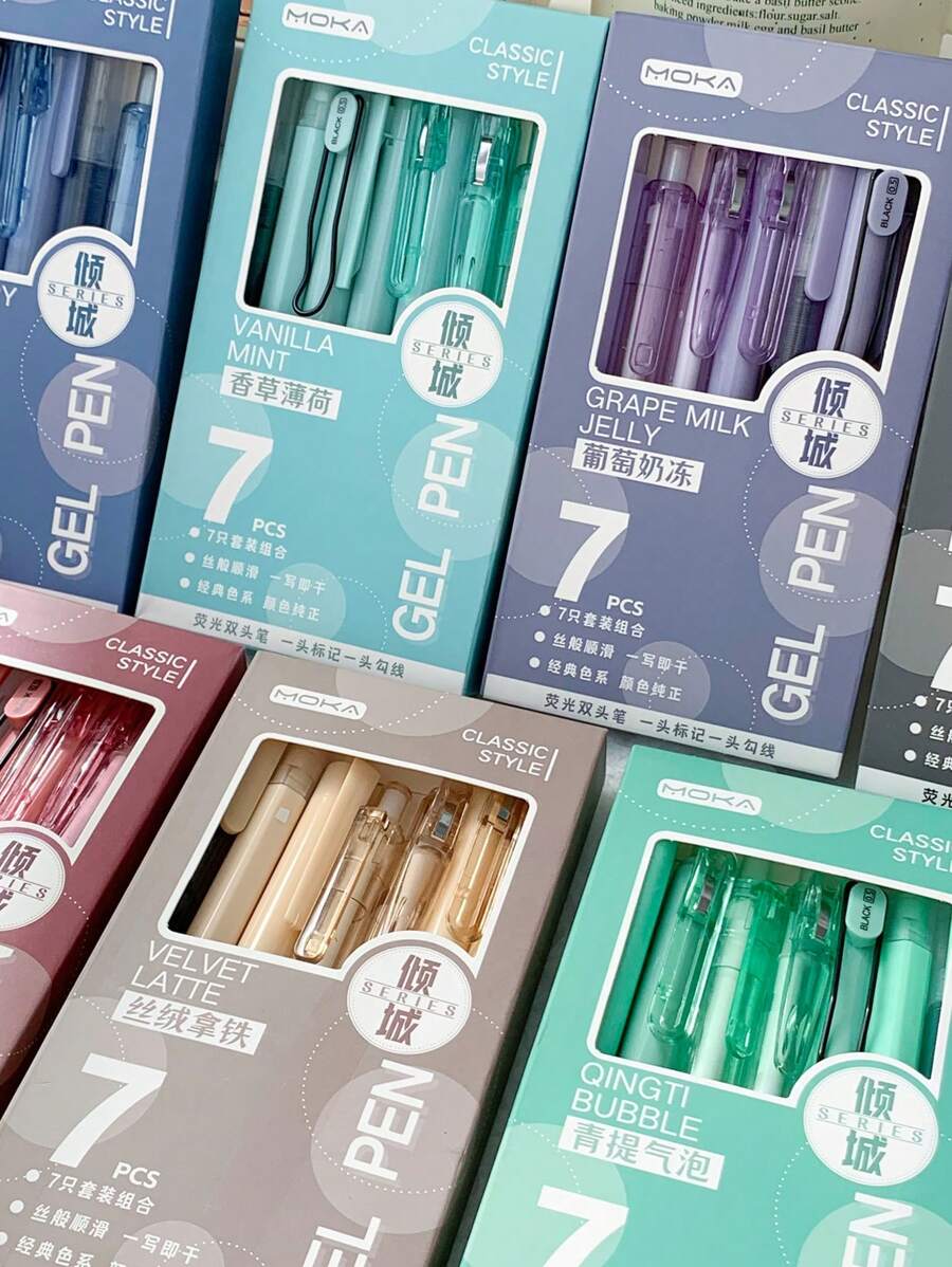 MOKA 7pcs/box Push Type Neutral Pen, Multifunctional Set With St Pen ...
