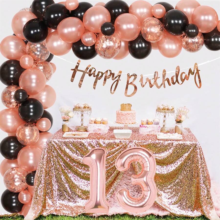 75pcs 13th Birthday Decorations - Rose Gold And Black Balloon Garland ...