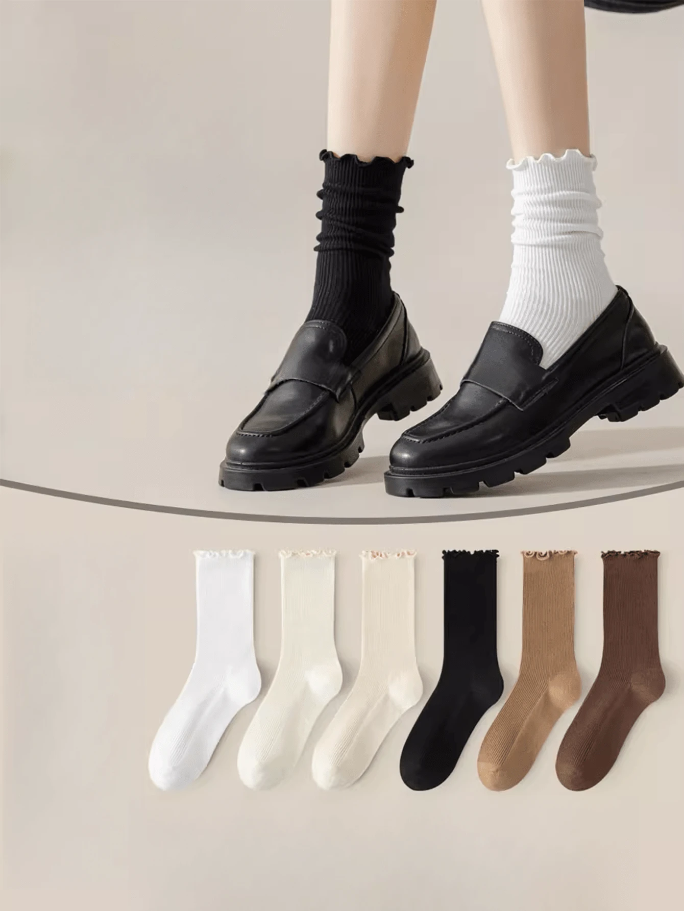 6 Pairs Women's Multicolor Ruffle Cuff Mid-High Socks, Perfect For ...