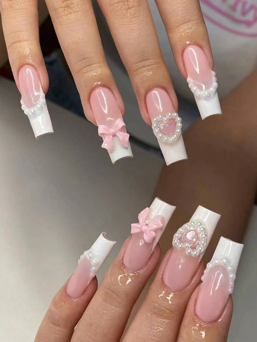 Elevate Your Style With,24pcs Long Square Classic White French & 3D Bow ...