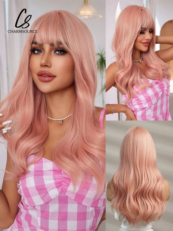 Coral pink flat bangs long curly hair full mechanism 24 inch daily soft ...