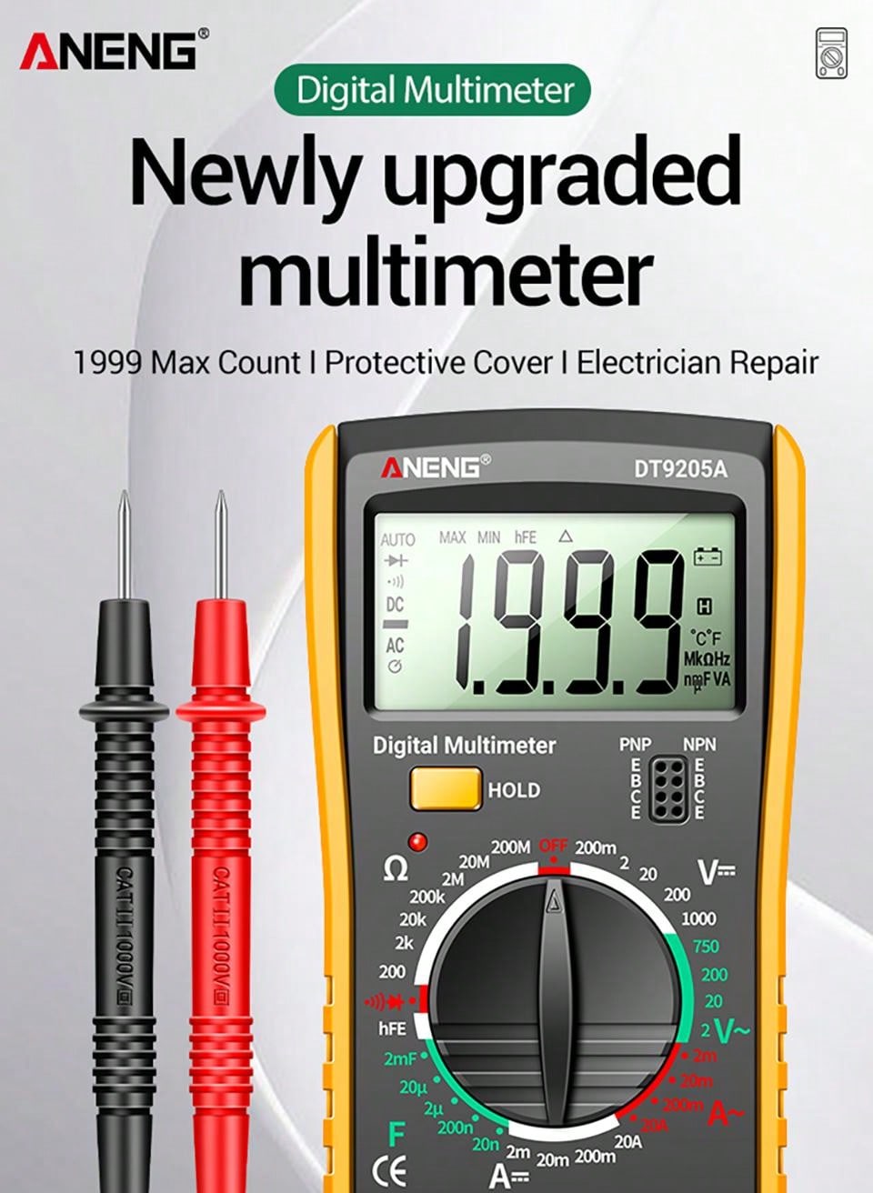 ANENG DT9205A Digital Profesional Multimeter AC/DC Transistor Voltage ...