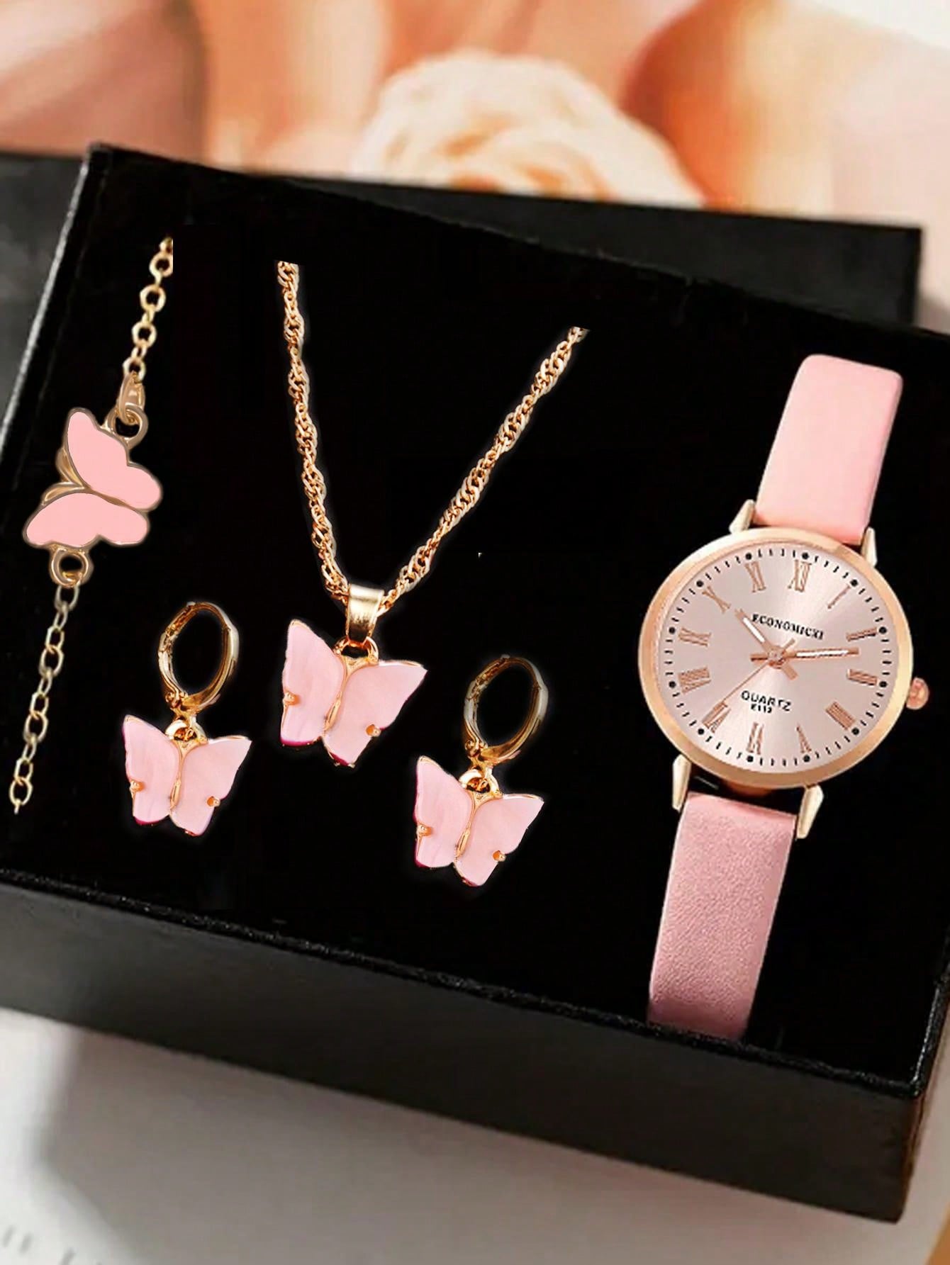 Pink Round Shape Quartz Watch For Girls With Roman Numerals And Analog ...