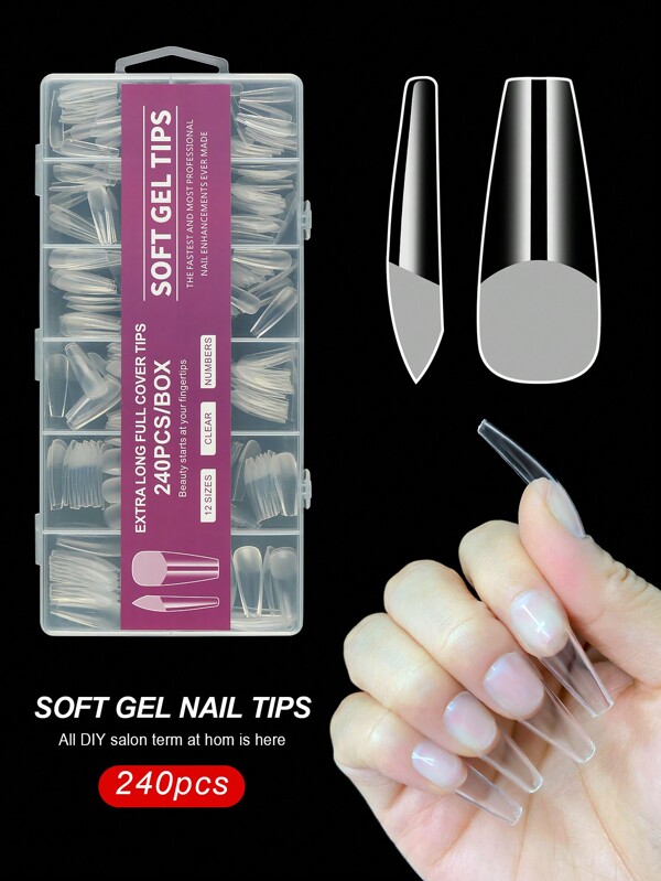 240pcs Box Long Coffin Shaped Half Frosted Clear Nail Tips For Sale