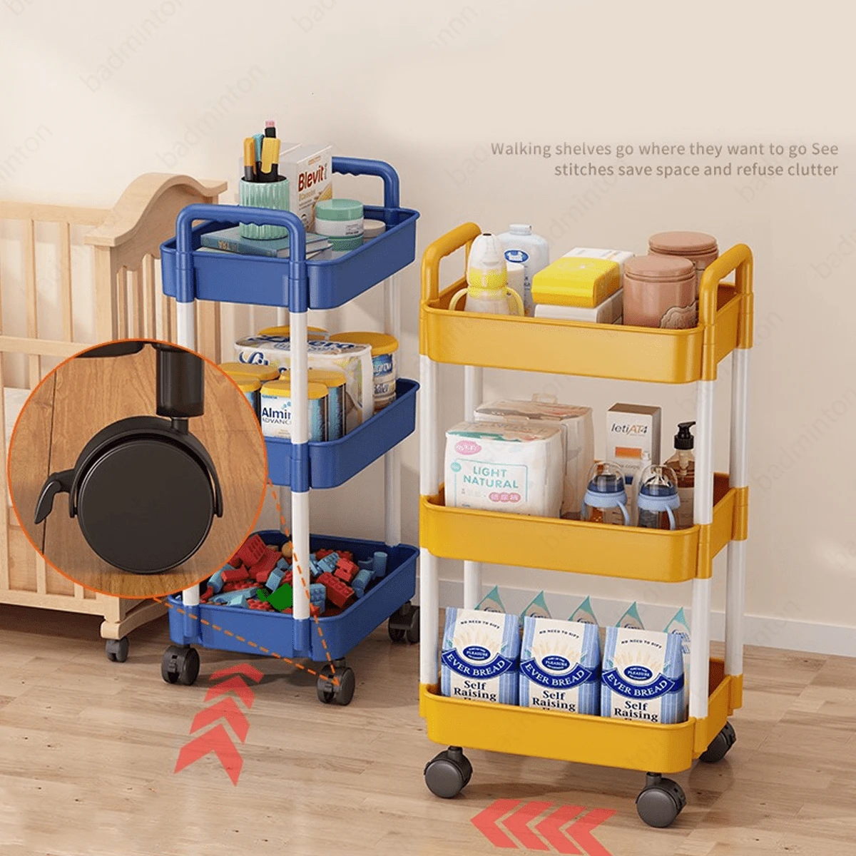 Bookshelf With Wheels For 3 Levels, Cart With Mobile Shelving, Cart ...