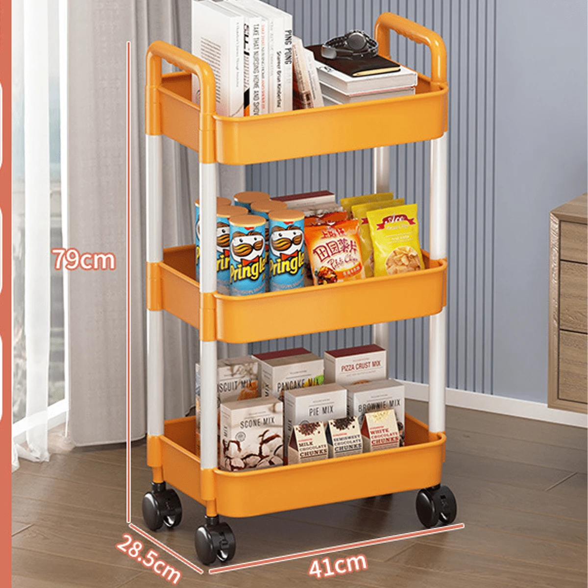 Bookshelf With Wheels For 3 Levels, Cart With Mobile Shelving, Cart ...