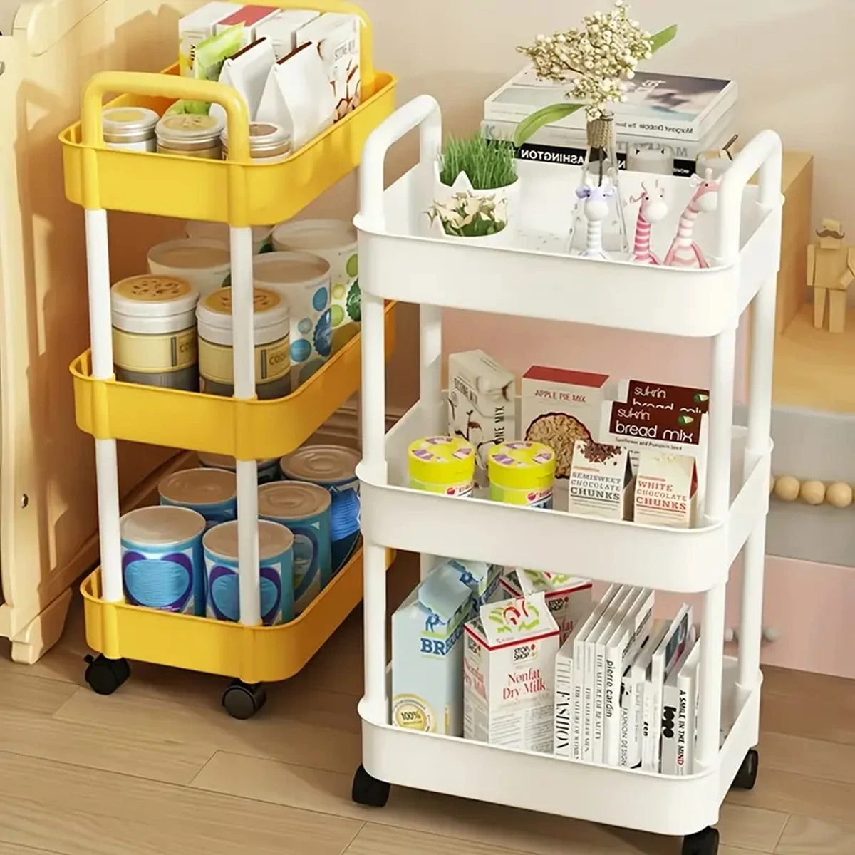 Bookshelf With Wheels For 3 Levels, Cart With Mobile Shelving, Cart ...